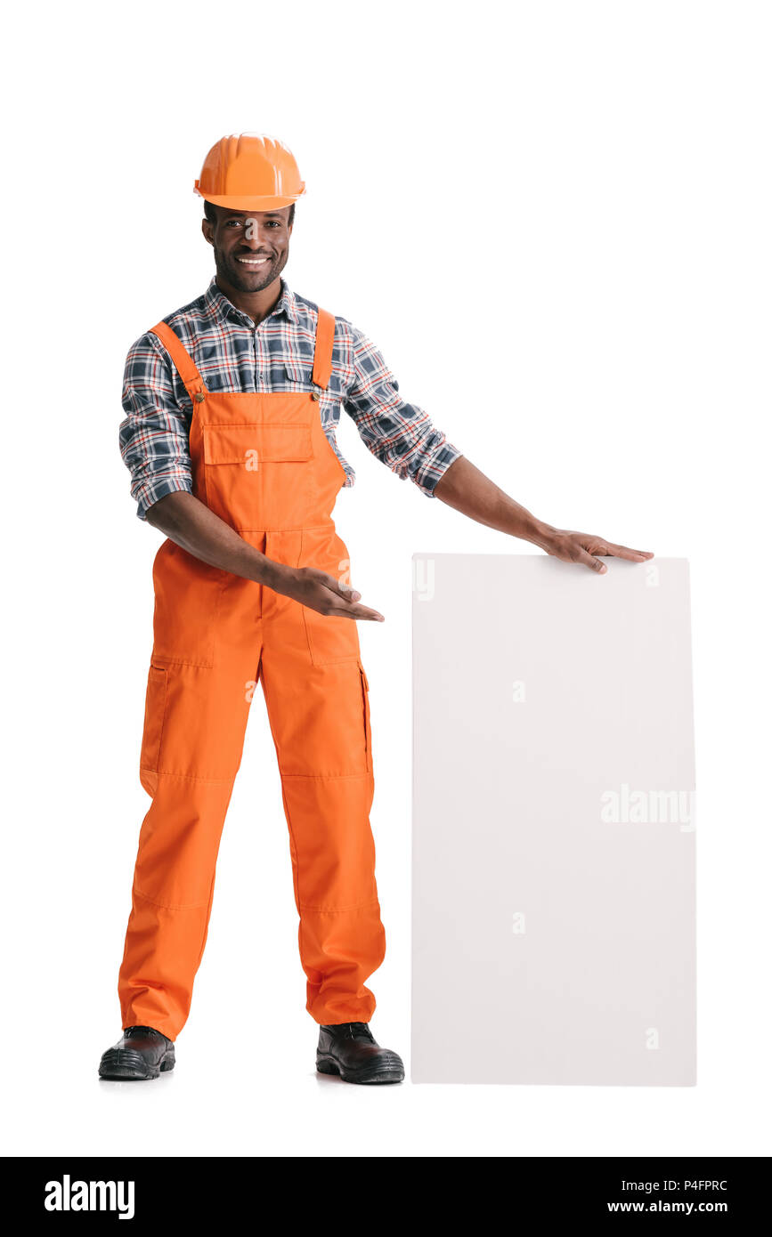 african-american builder with blank white banner isolated on white ...