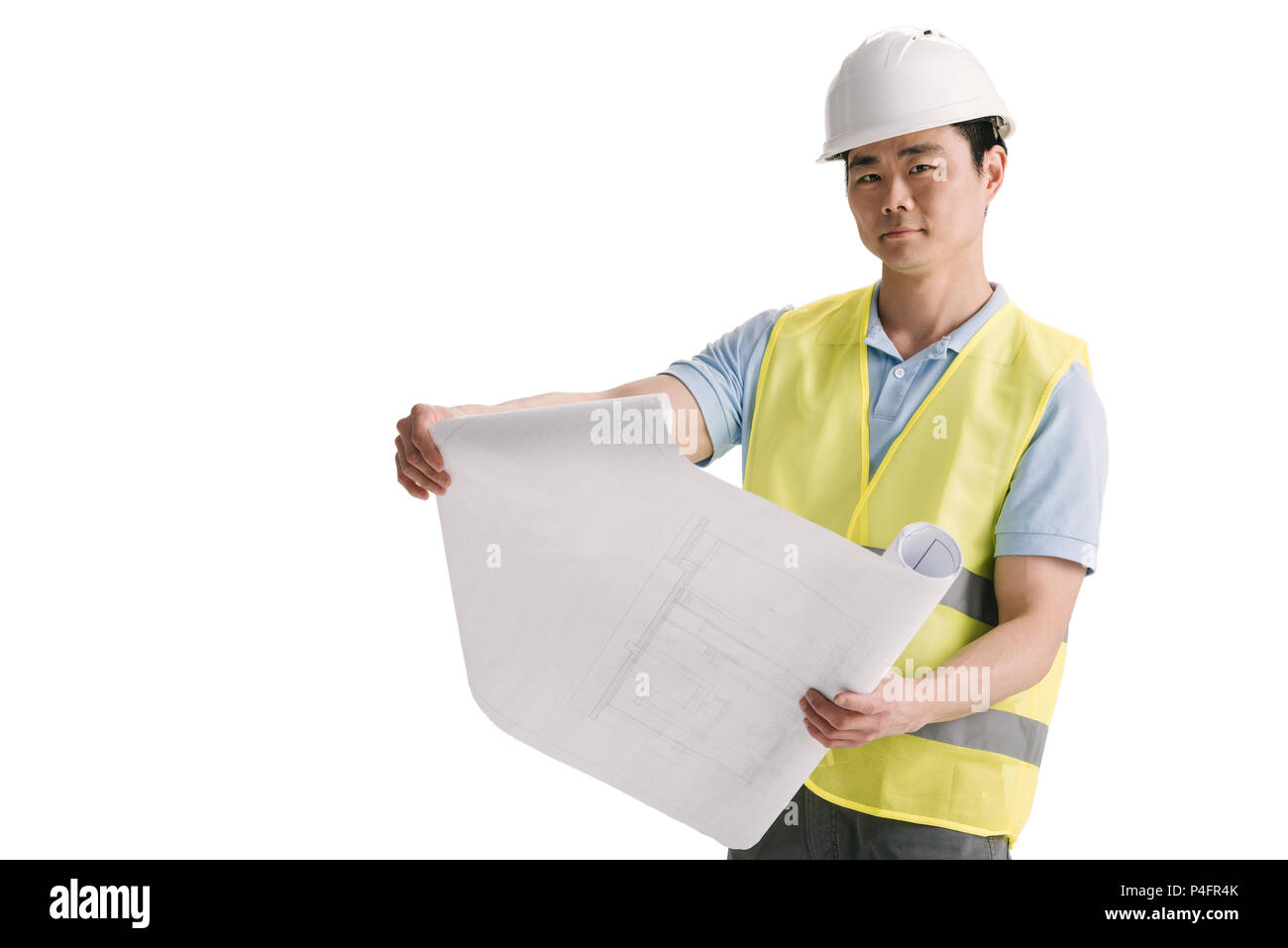 serious young asian architect with building plan isolated on white ...