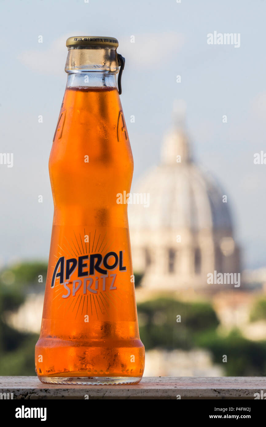 ROME, ITALY - JUNE 18, 2018: A bottle of Aperol spritz. The drink is a ...