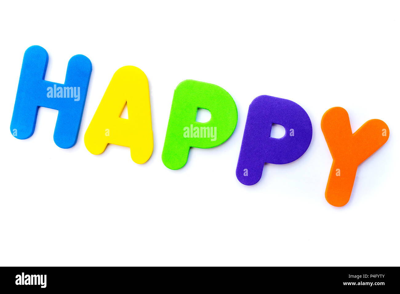 The word HAPPY over a plain white background Stock Photo - Alamy
