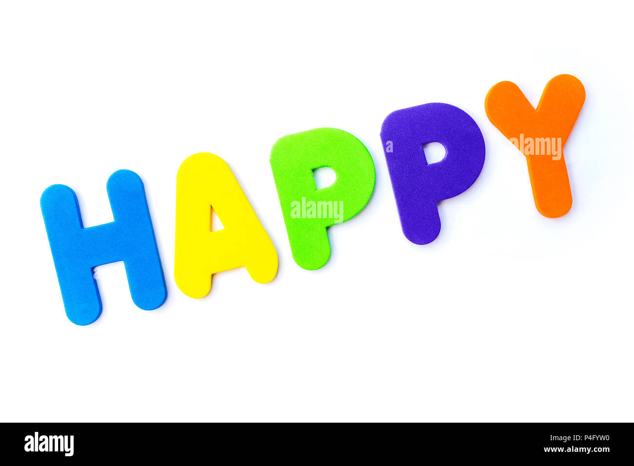 The word HAPPY over a plain white background Stock Photo - Alamy