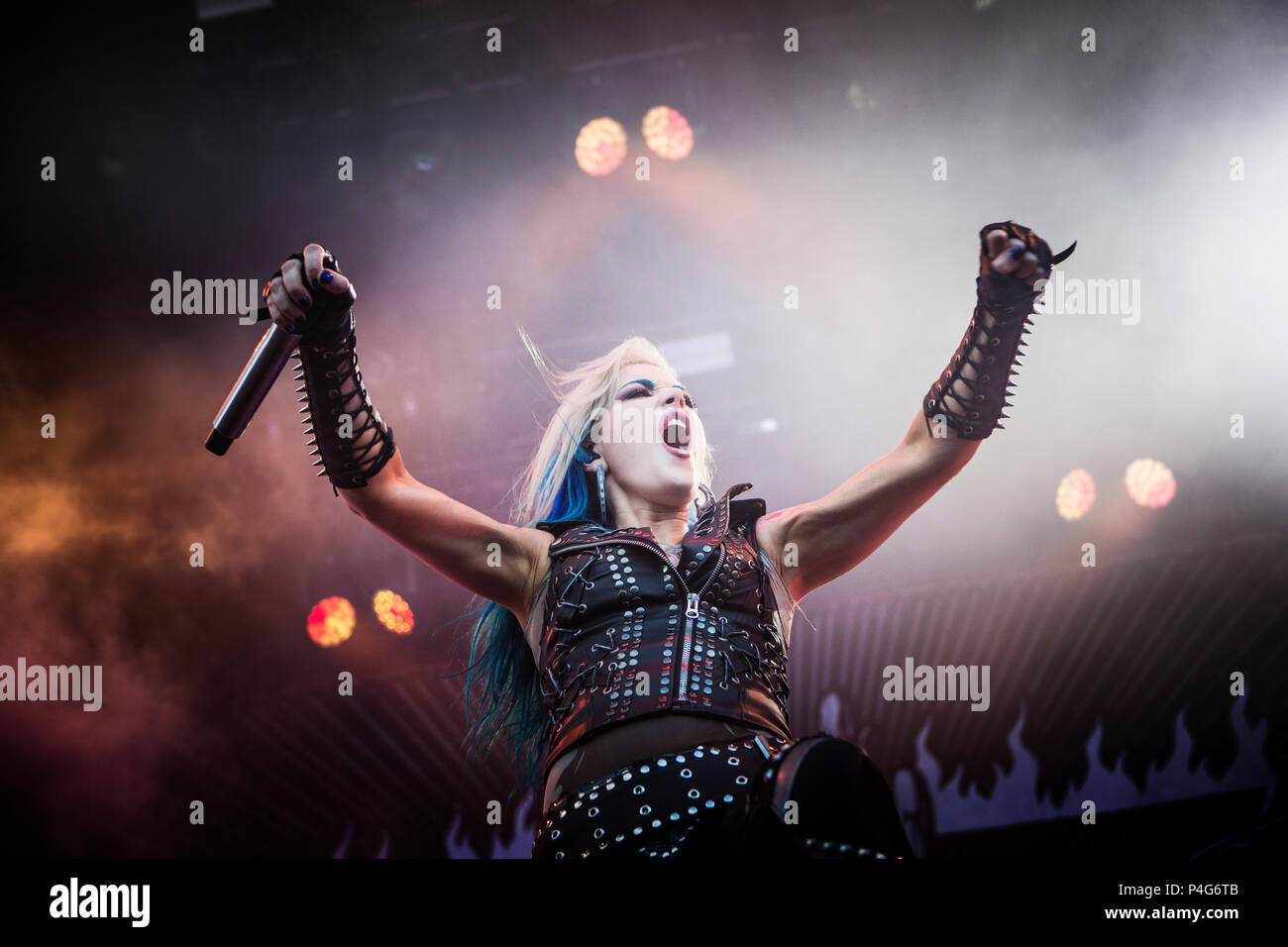 Denmark, Copenhagen - June 21, 2018. The Swedish melodic death metal band Arch Enemy performs a ...