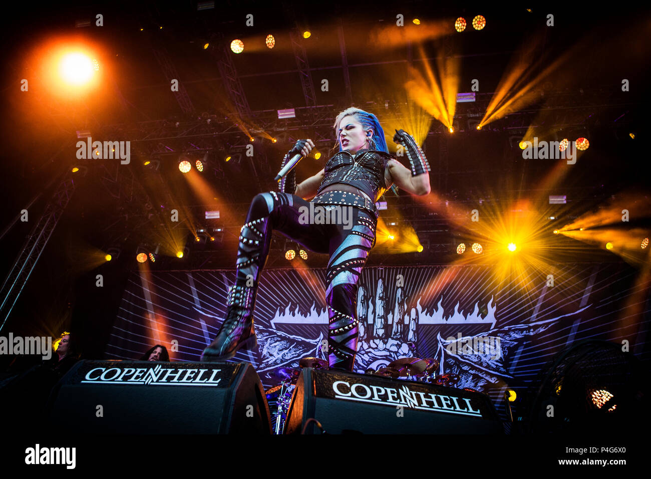 Denmark, Copenhagen - June 21, 2018. The Swedish melodic death metal band Arch Enemy performs a ...