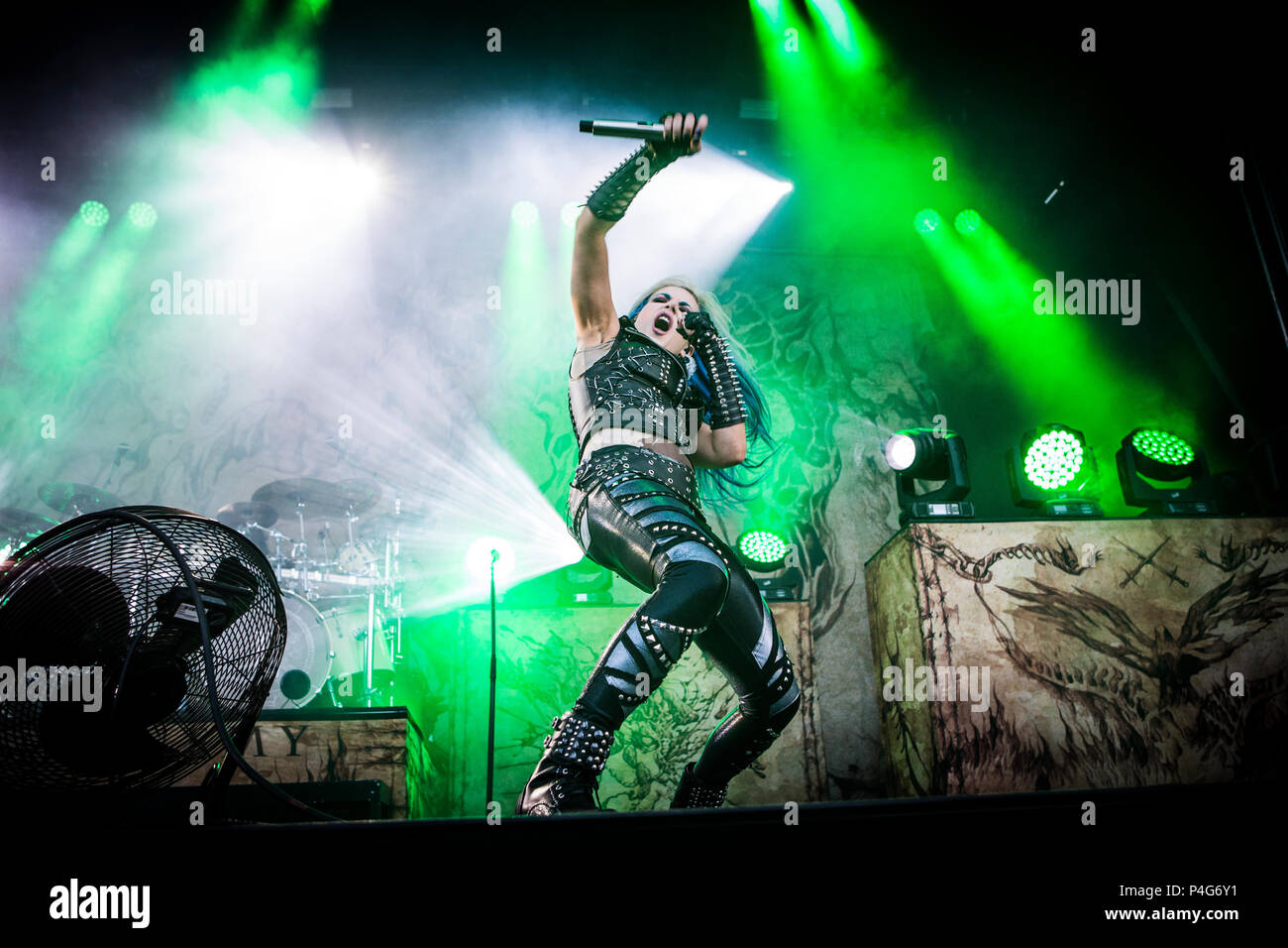 Denmark, Copenhagen - June 21, 2018. The Swedish melodic death metal band Arch Enemy performs a ...