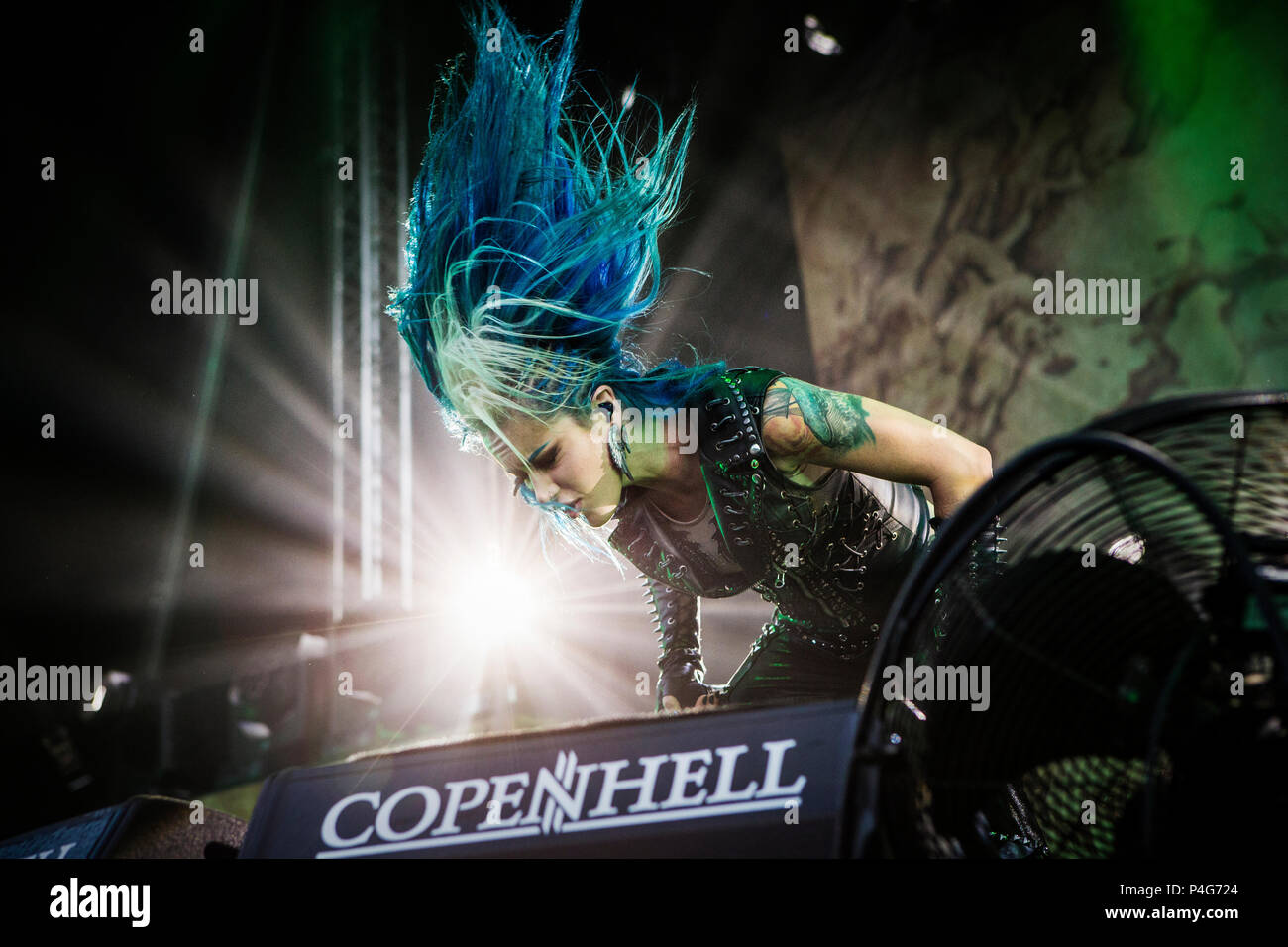Denmark, Copenhagen - June 21, 2018. The Swedish melodic death metal band Arch Enemy performs a ...