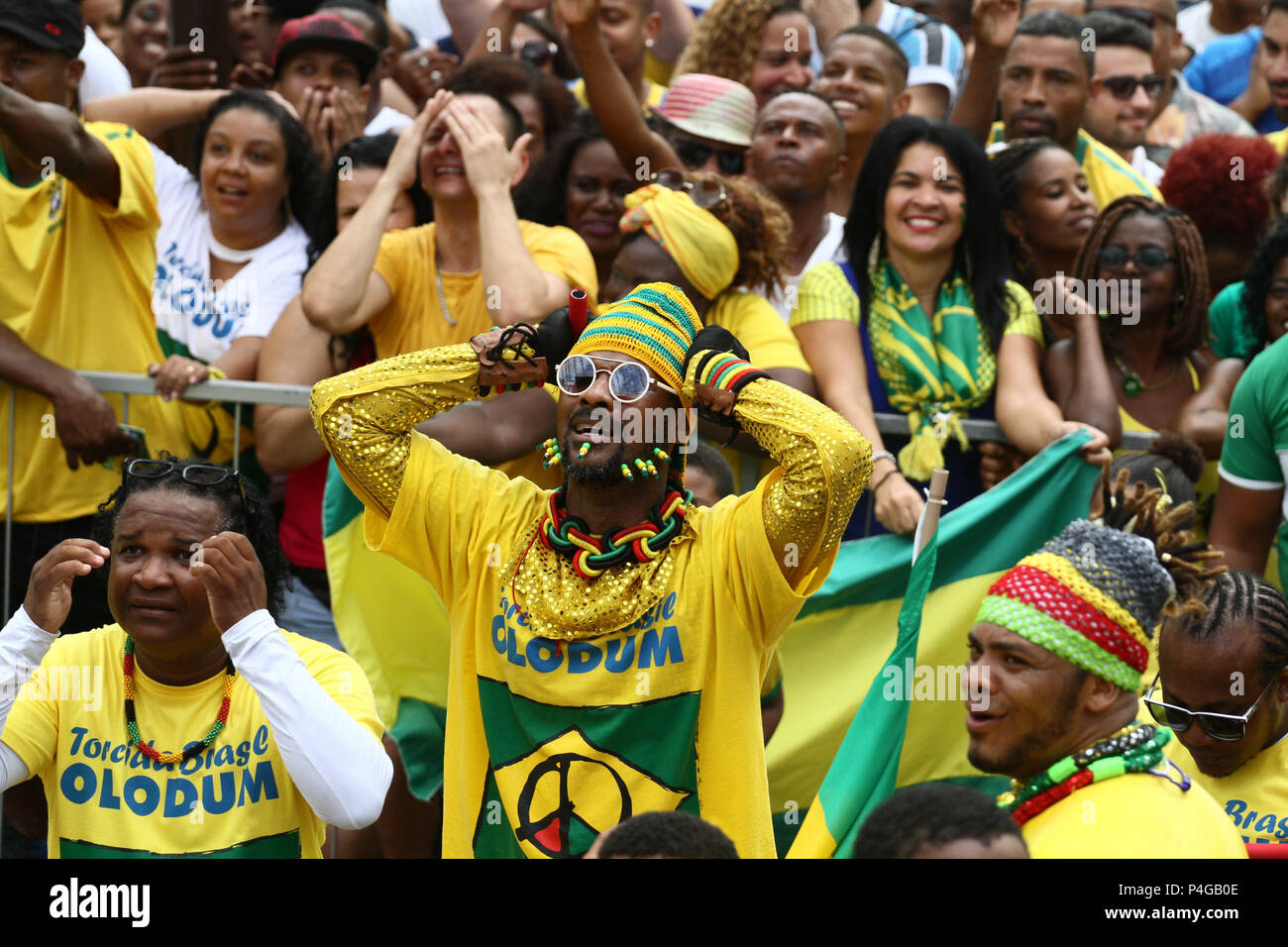 Salvador, Brazil. 22nd June, 2018. Olodum percussionist in the crowd in ...