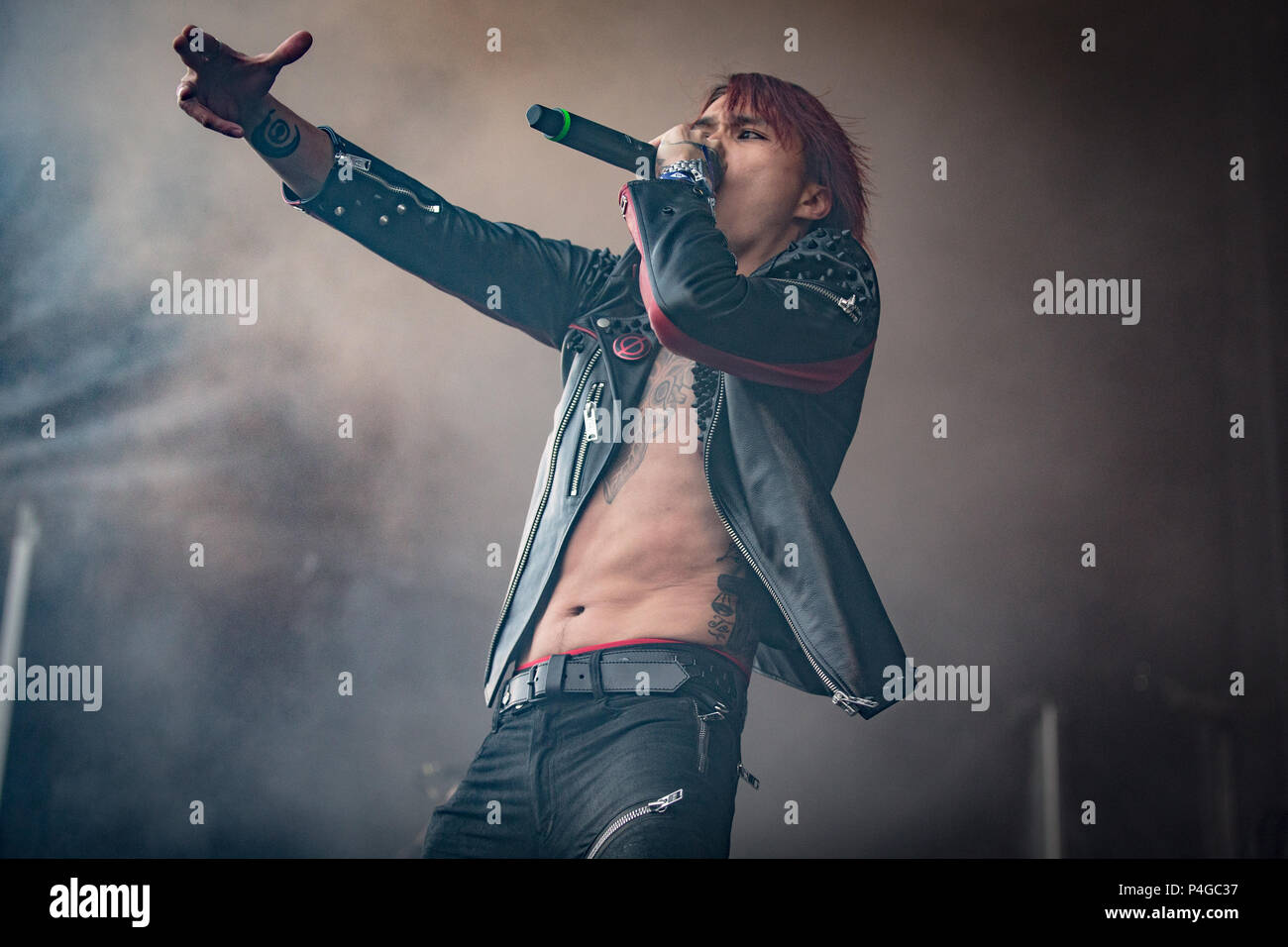 Denmark, Copenhagen - June 22, 2018. The Japanese metal band Crossfaith ...
