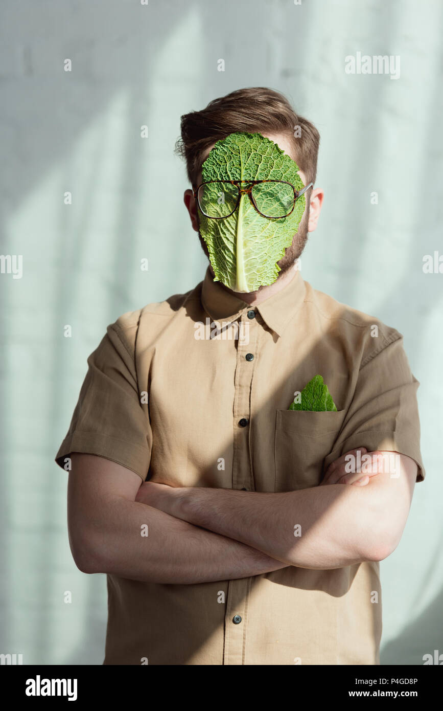 obscured view of man with savoy cabbage leaf and eyeglasses on face ...