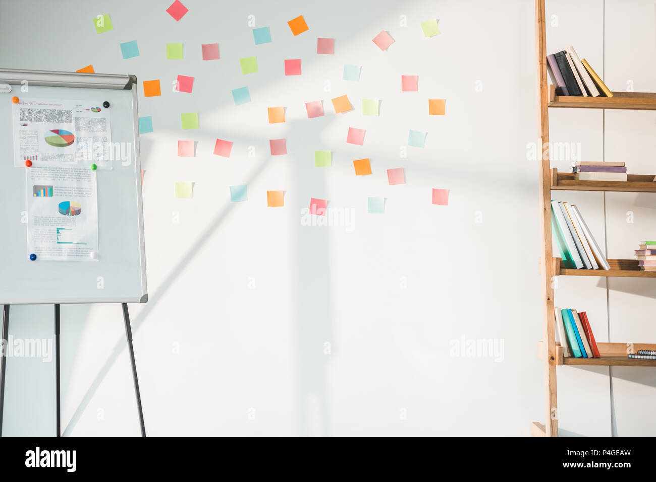 whiteboard with charts and white board with sticky notes in modern ...