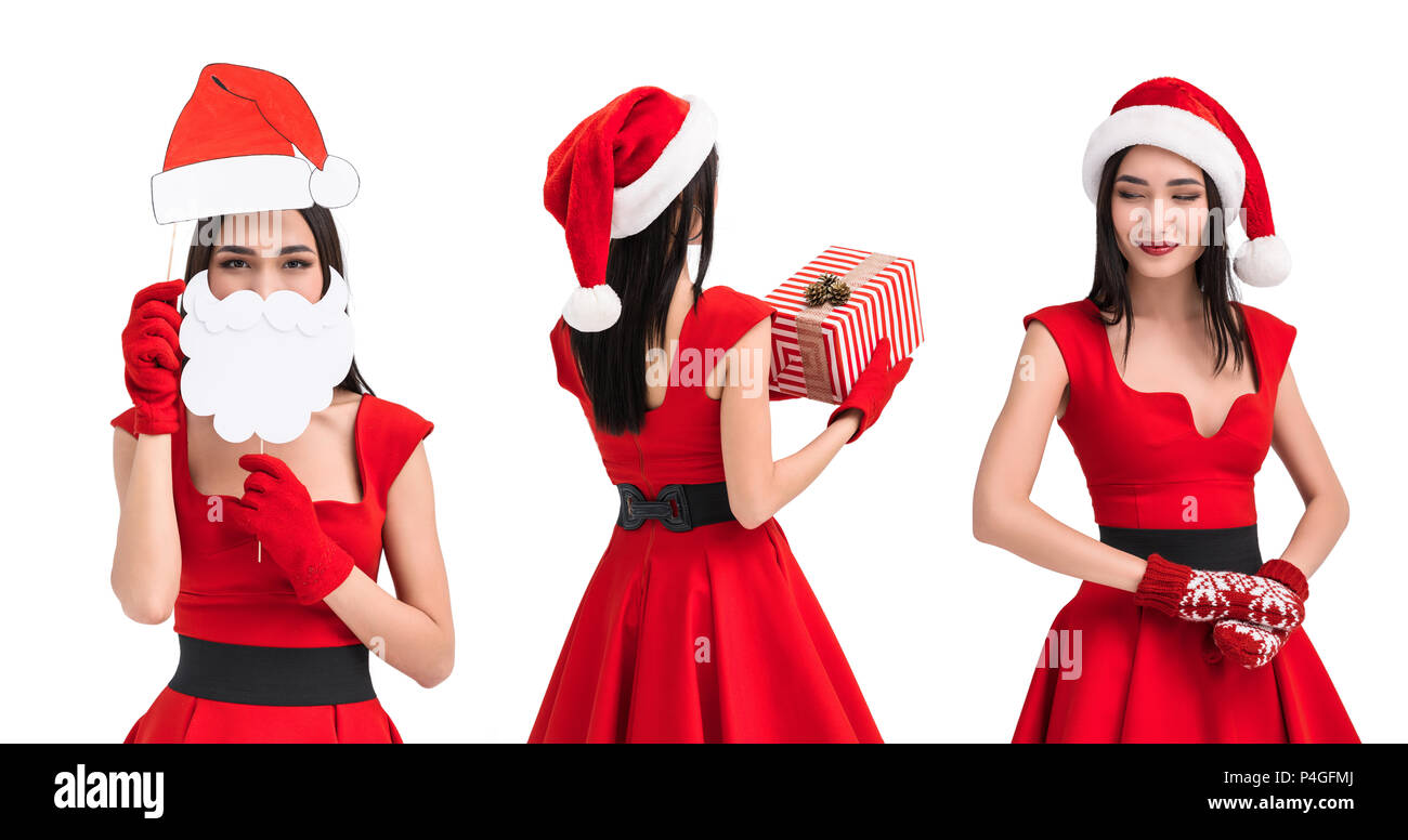 collage of beautiful asian woman in santa costume isolated on white ...