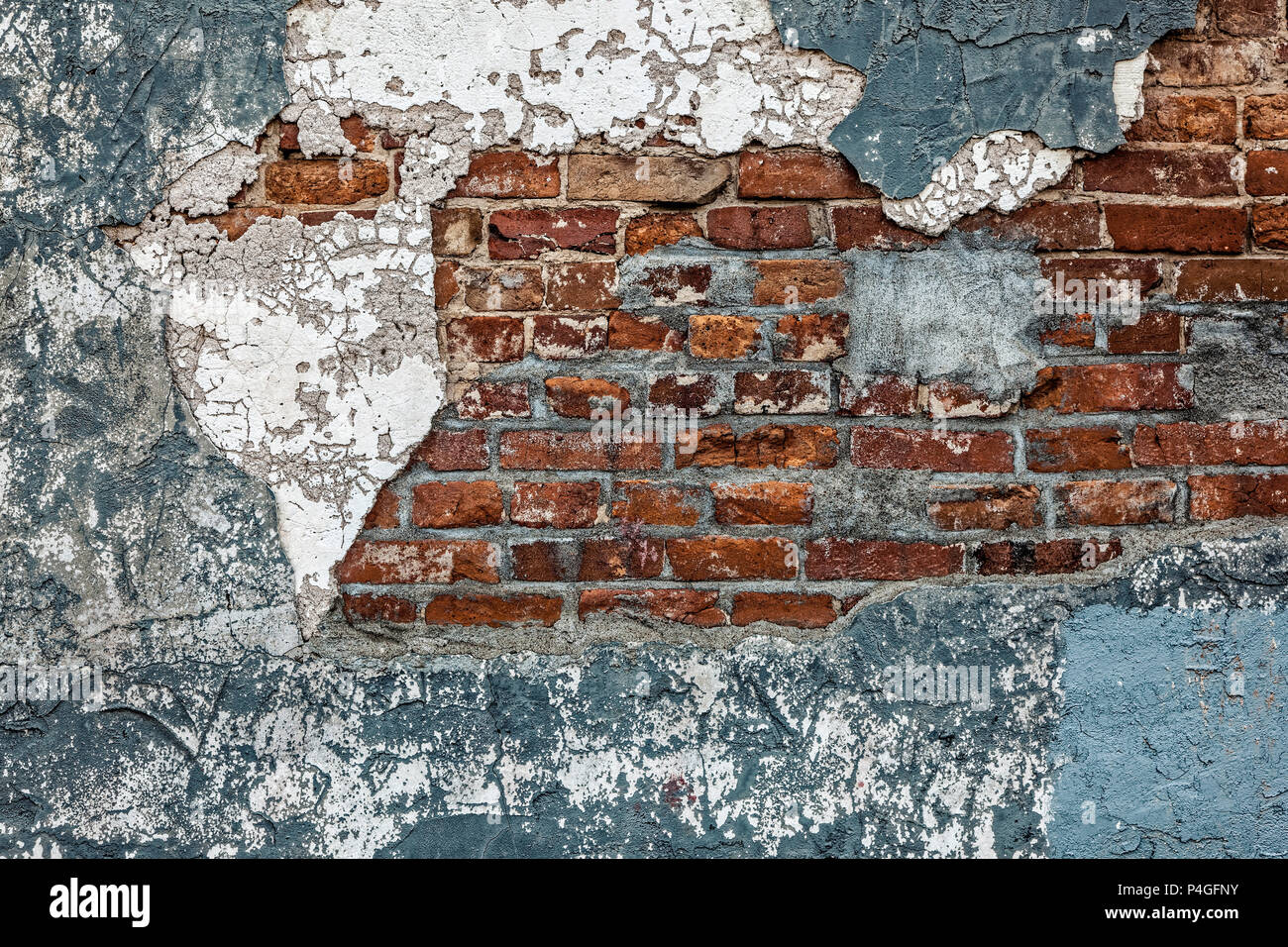A rustic dilapidated brick wall background with plaster and concrete ...