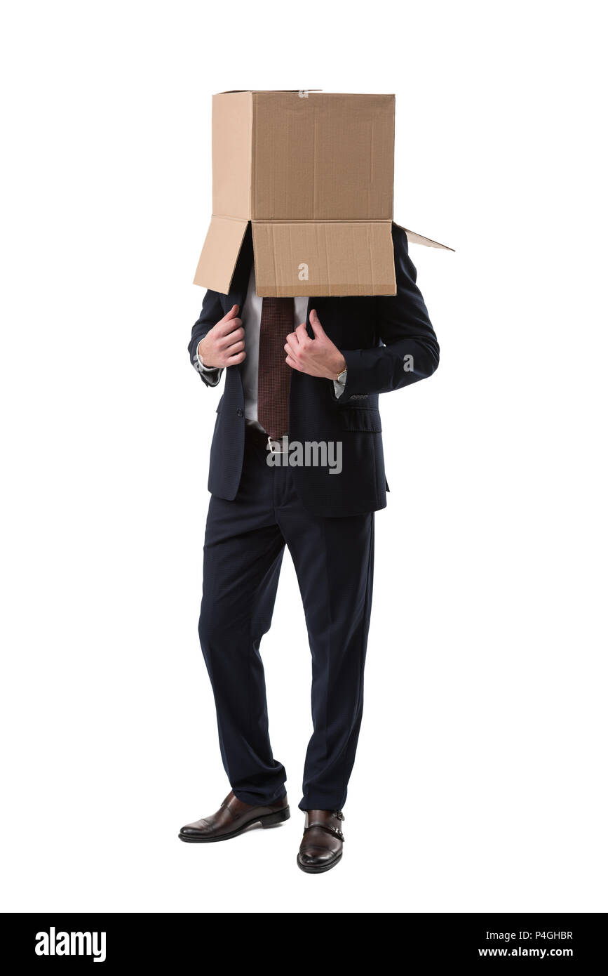 confident businessman with cardboard box on head, isolated on white ...