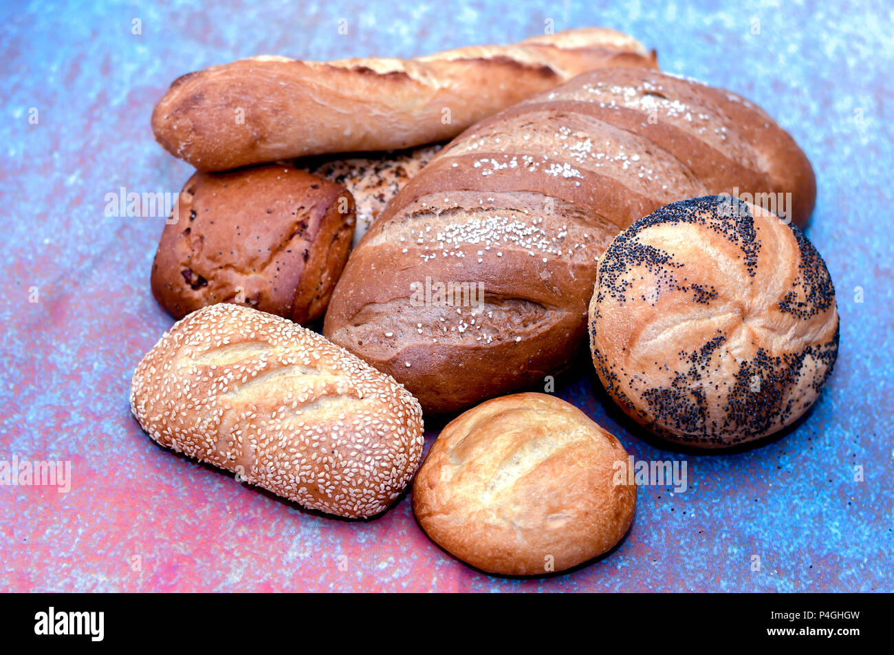 Golden Bread variety , rolls and loaves; Salted rye, french baguette ...