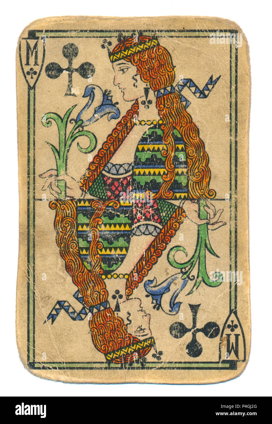 Old used ancient playing card queen of cross isolated on white Stock ...
