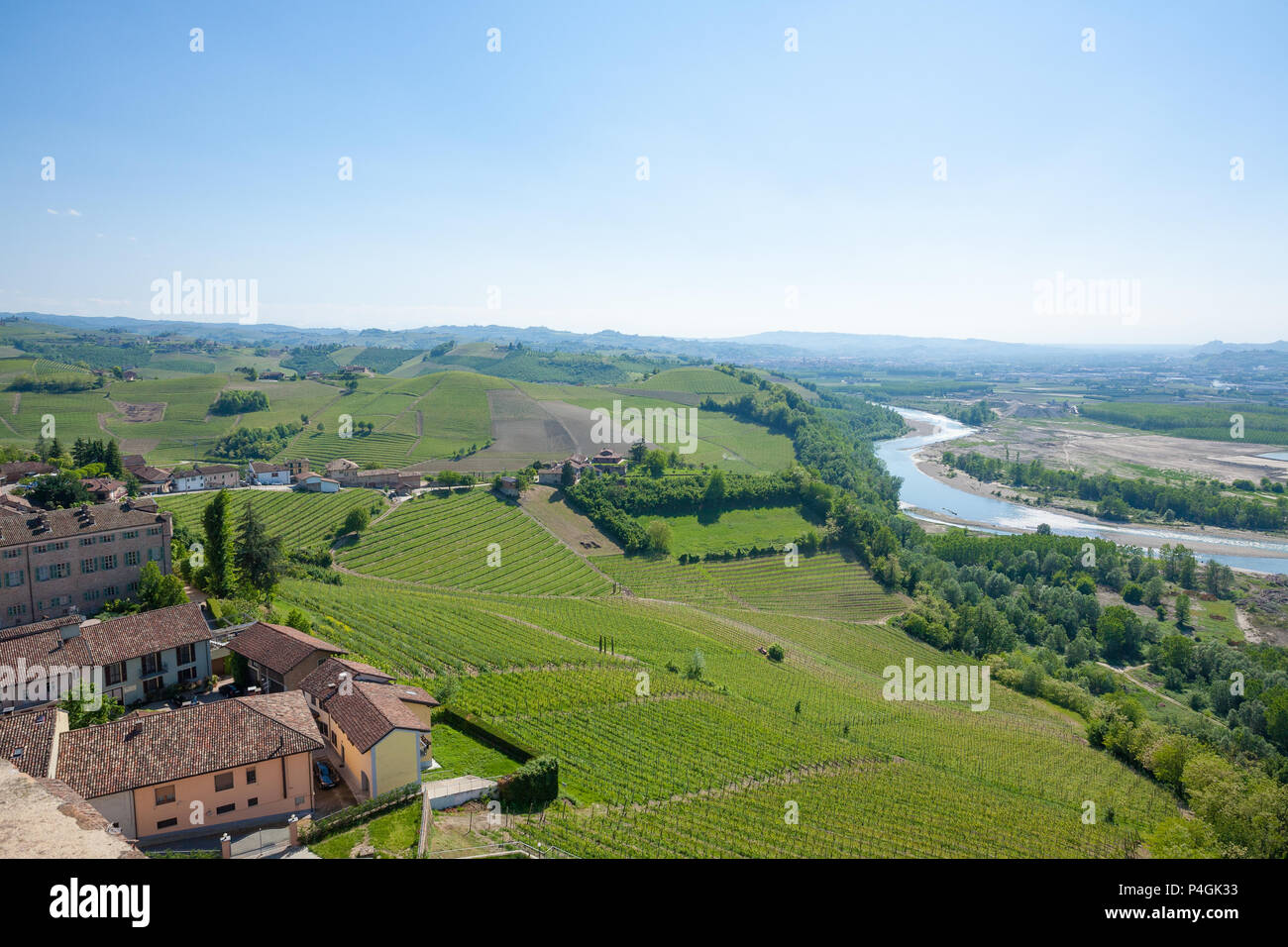 Tanaro river view. Vineyards from Langhe region,Italy agriculture ...