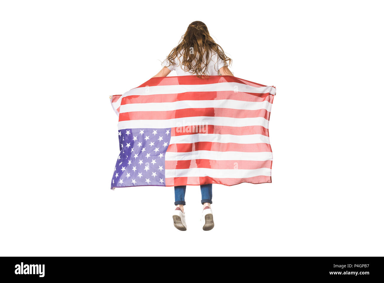 back view of young woman holding american flag isolated on white Stock ...