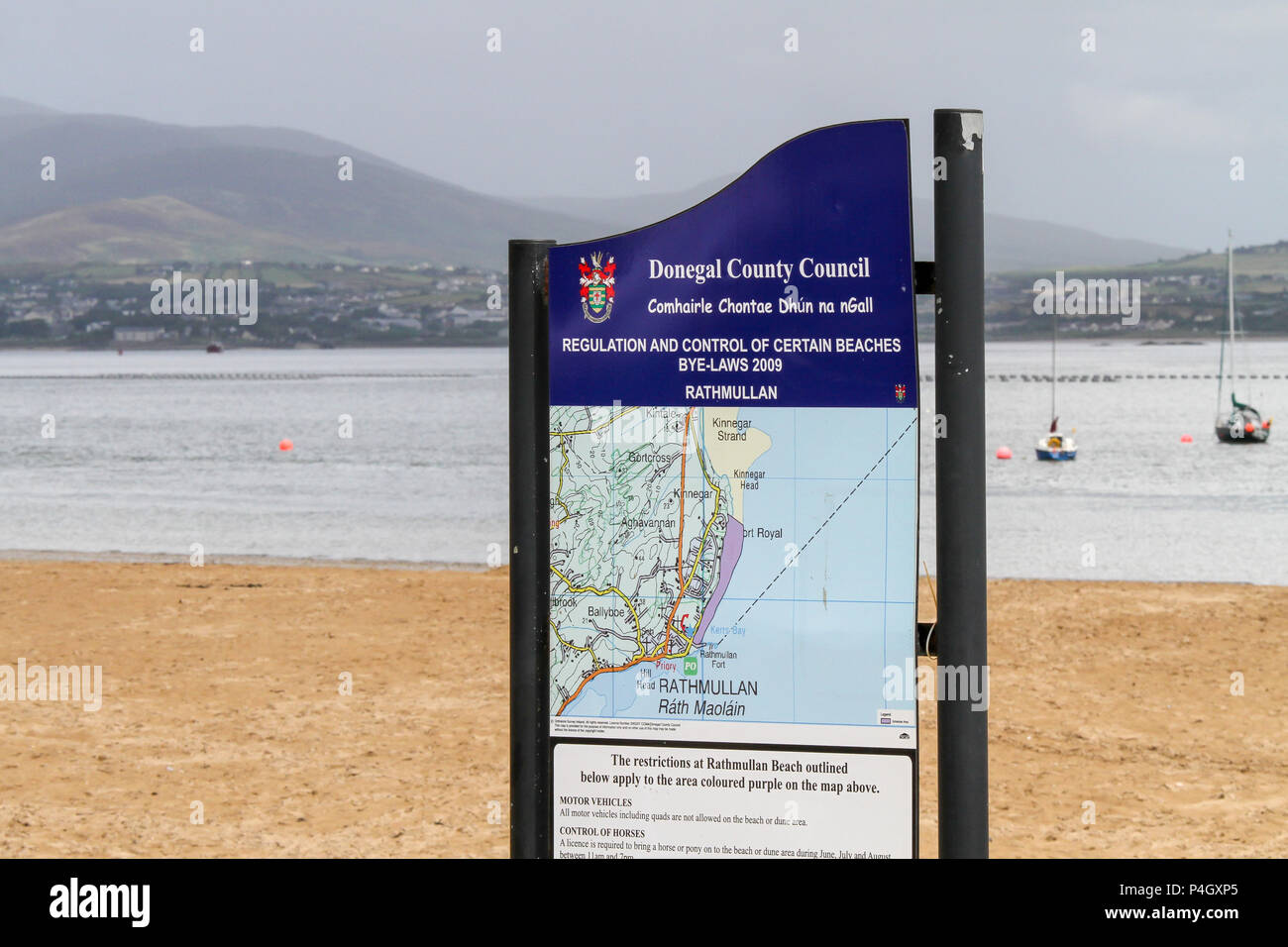 A county council sign detailing bye-laws and regulations at Rathmullan ...