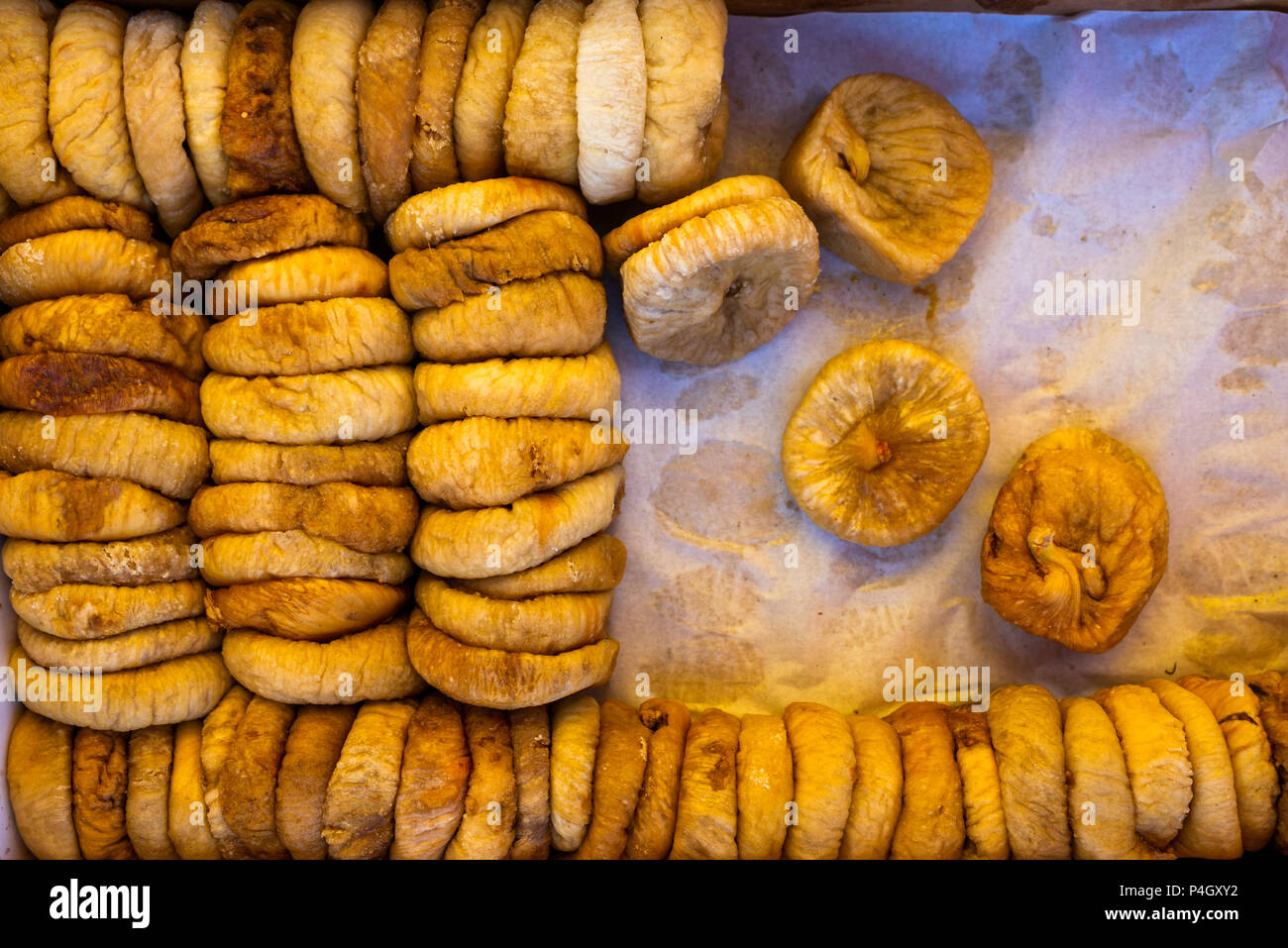 Dried figs in a box on parchment paper for transportation and sale ...