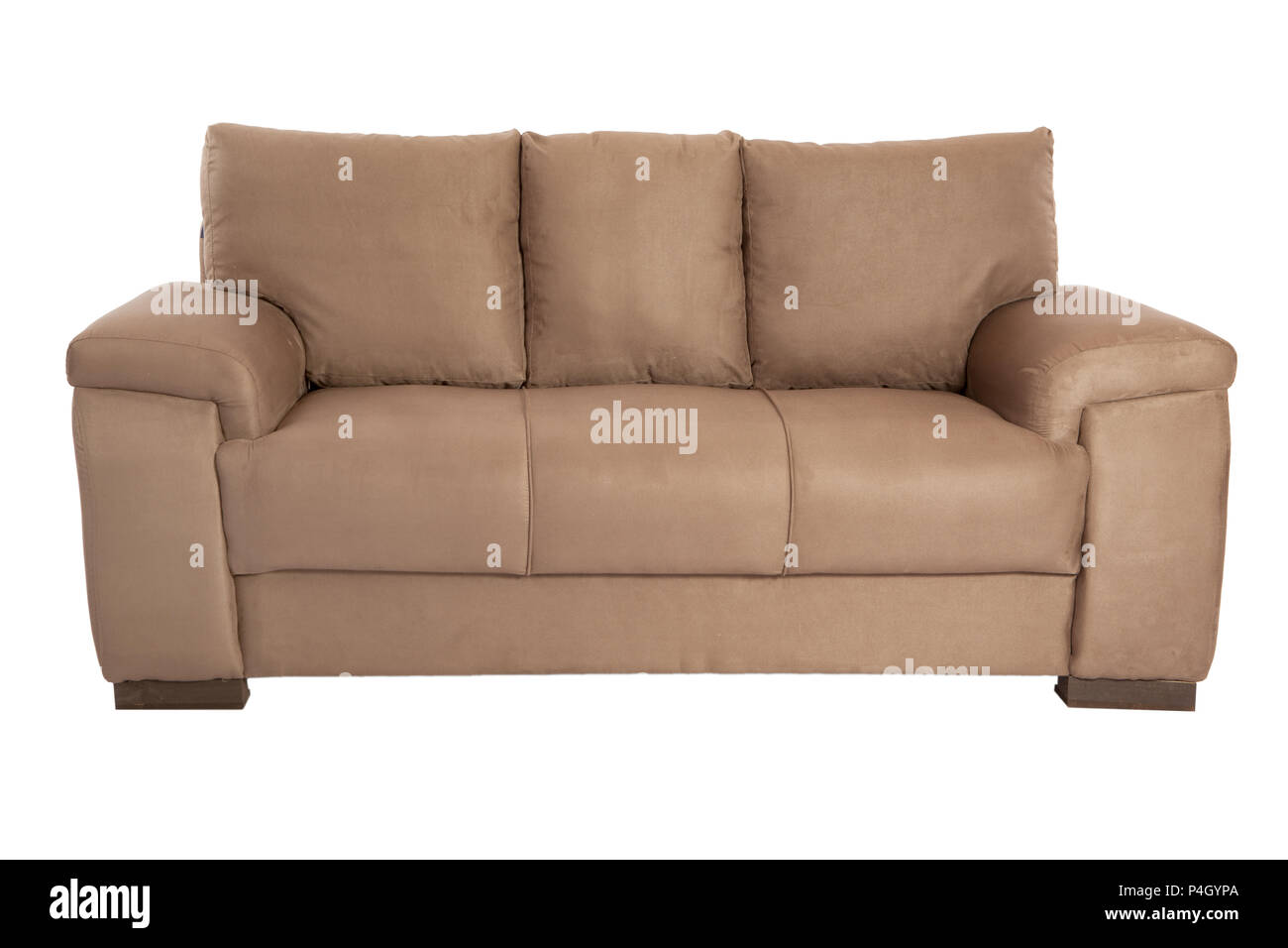 Three seats cozy brown fabric sofa isolated on white background Stock ...