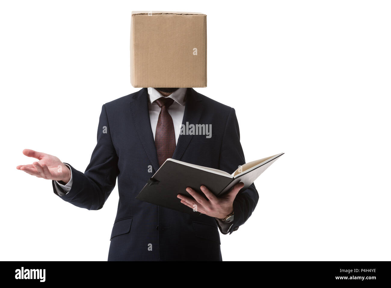 businessman with cardboard box on head with documents in folder ...