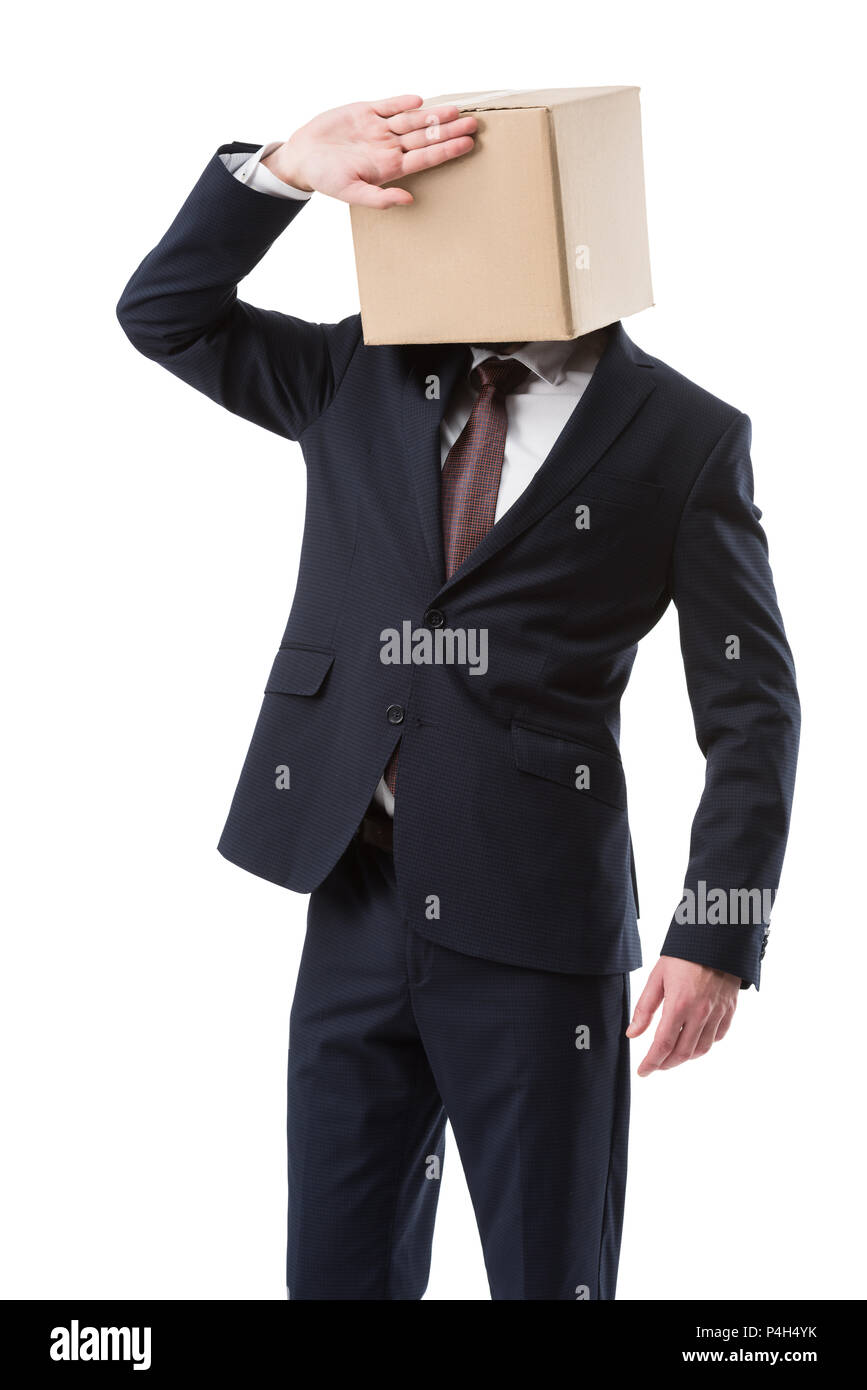 businessman with cardboard box on head, isolated on white Stock Photo ...