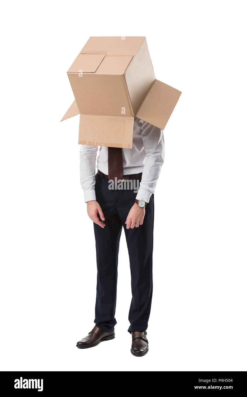 exhausted businessman with cardboard box on head, isolated on white ...