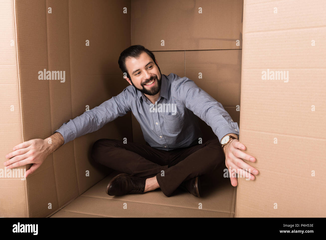 cheerful man sitting in cardboard box, introvert concept Stock Photo ...