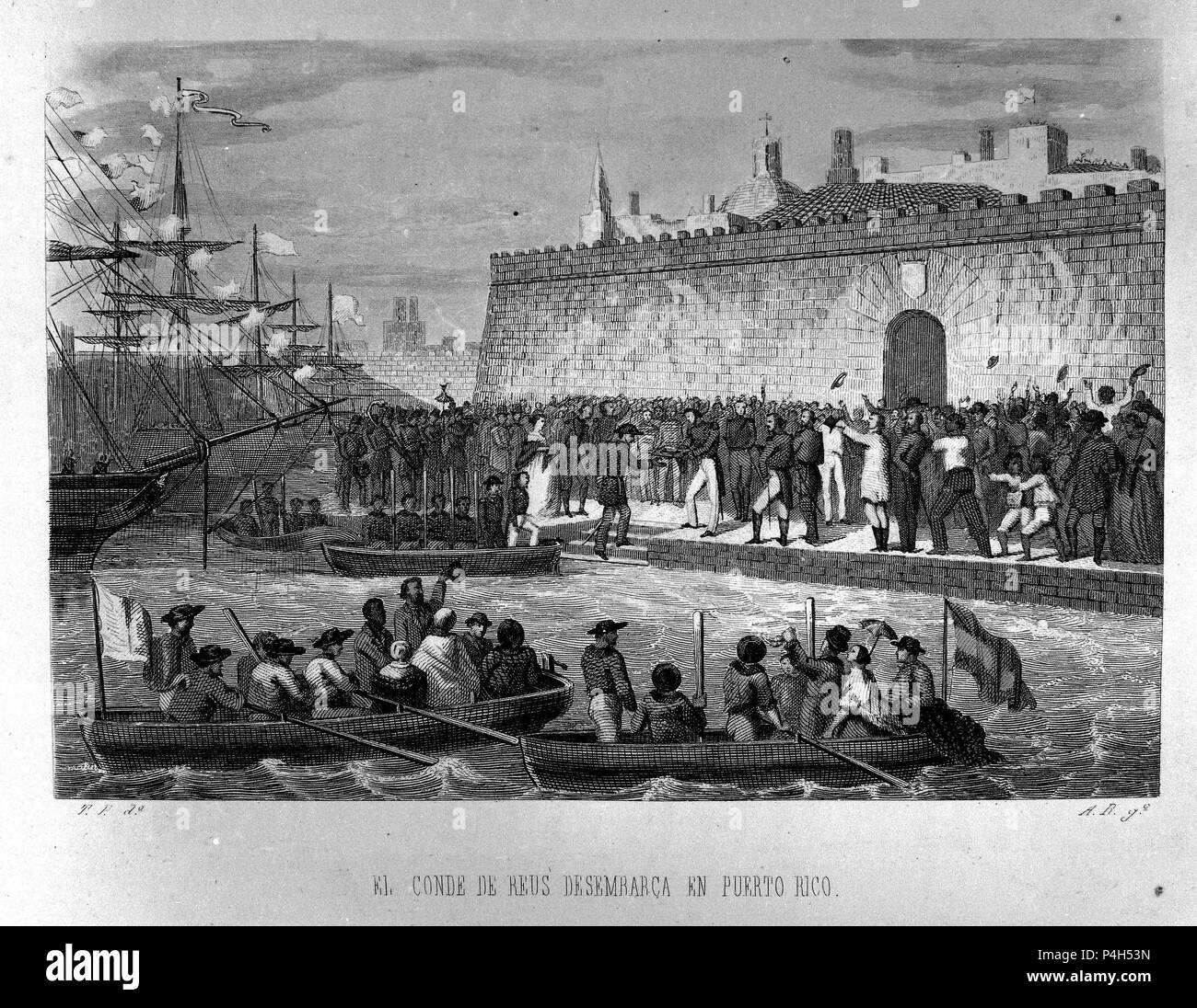 EL CONDE DE REUS DESEMBARCA EN PUERTO RICO - GRABADO SIGLO XIX ...