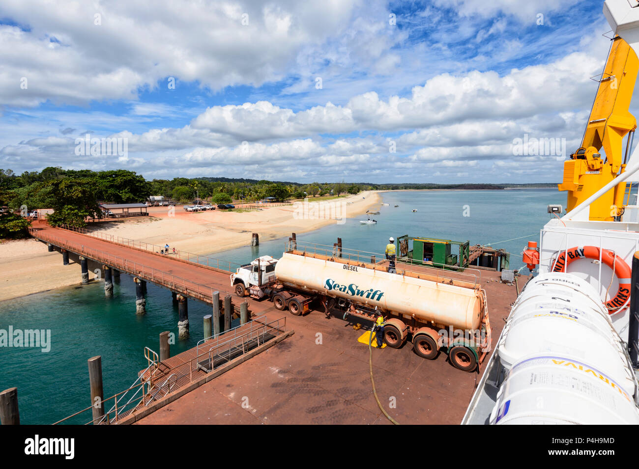 Tanker truck refuelling docked M.V. Trinity Bay, a SeaSwift vessel ...