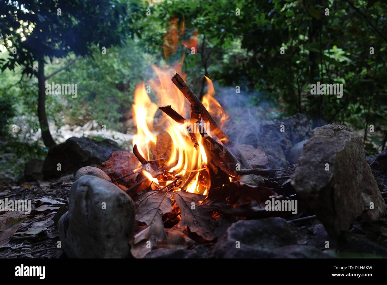 Camp Fire Mountains River Nature Stock Photo - Alamy