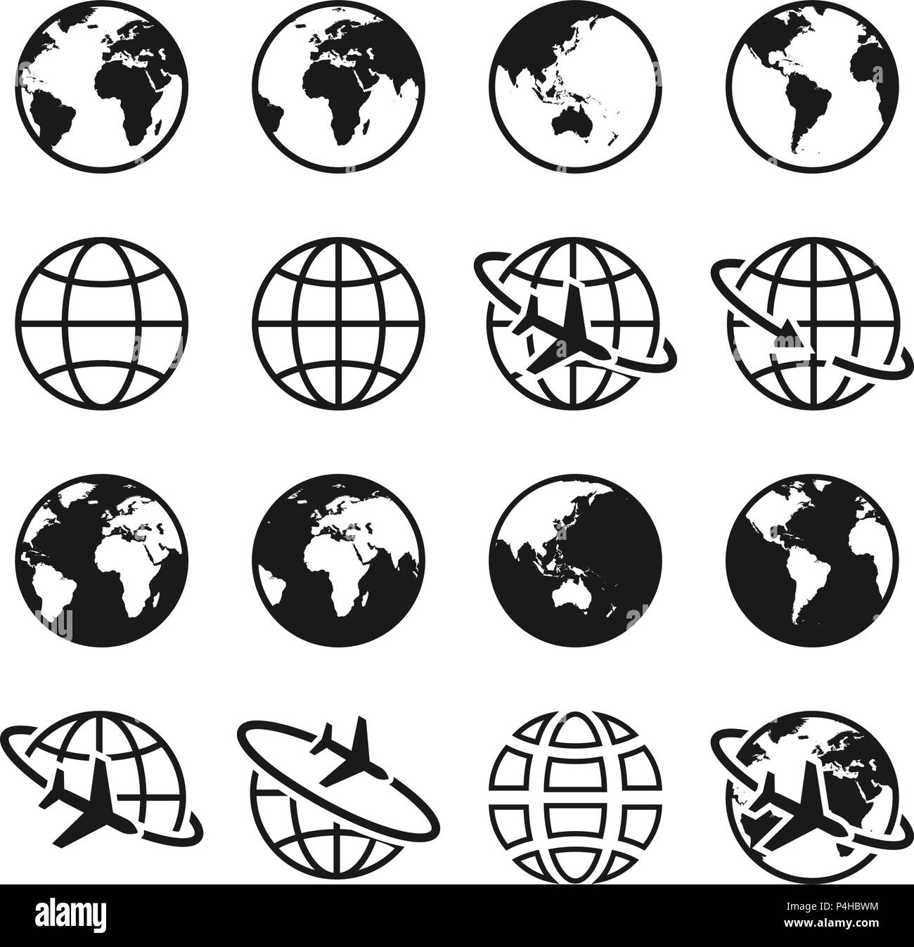 Set of planet Earth icons. Globe sign. World symbol. Air travel ...