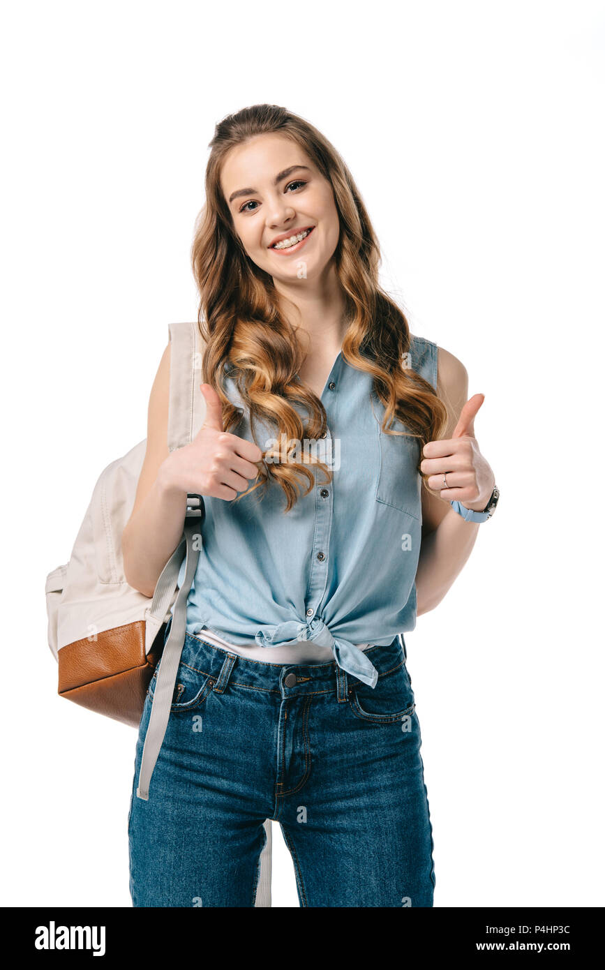 smiling beautiful student showing thumbs up isolated on white Stock ...
