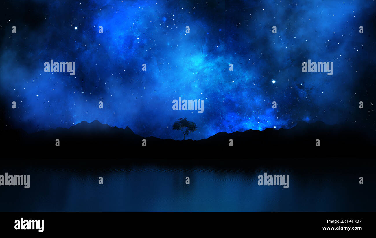 3D render of a tree landscape against a starry night sky Stock Photo ...