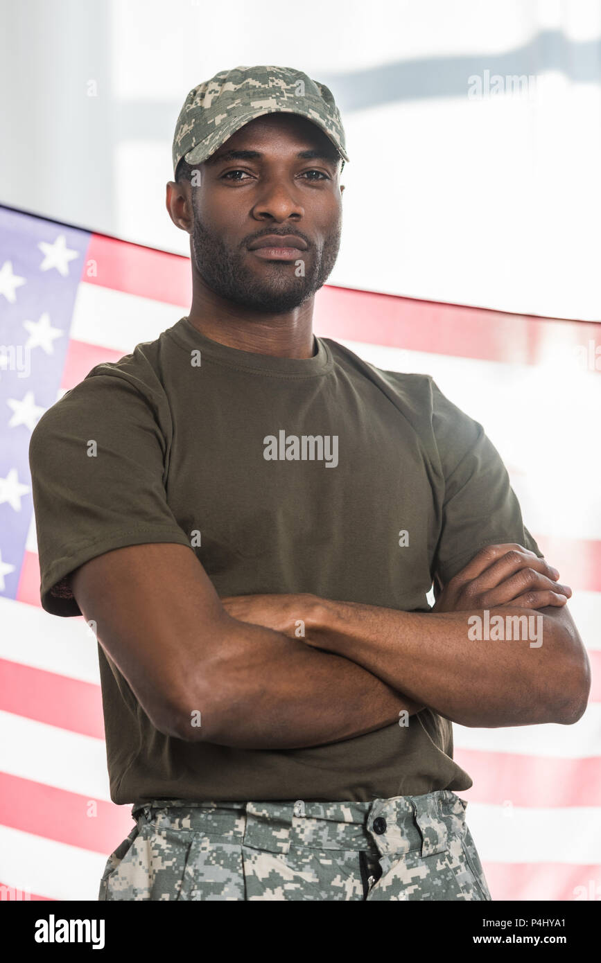 African American Soldier In Front Of American Flag High Resolution ...