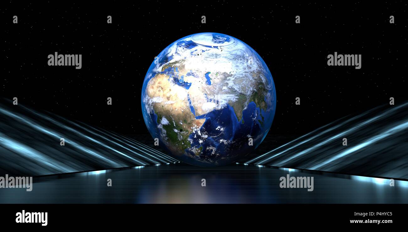 3d rendering of a futuristic road with earth sphere at the end of the ...