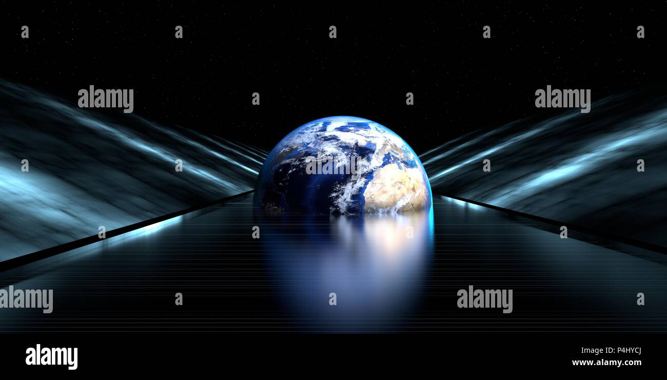 3d rendering of a futuristic road with earth sphere at the end of the ...