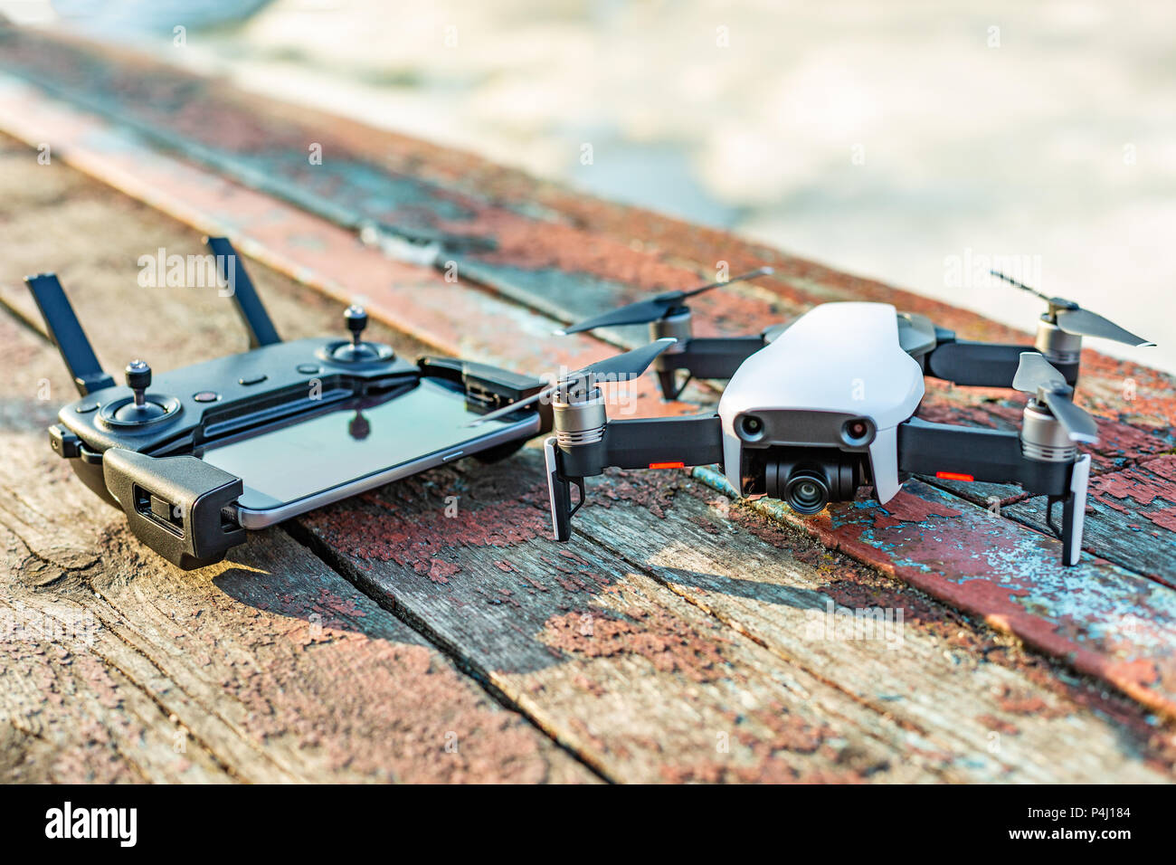 Drone and control panel on an old board Stock Photo - Alamy