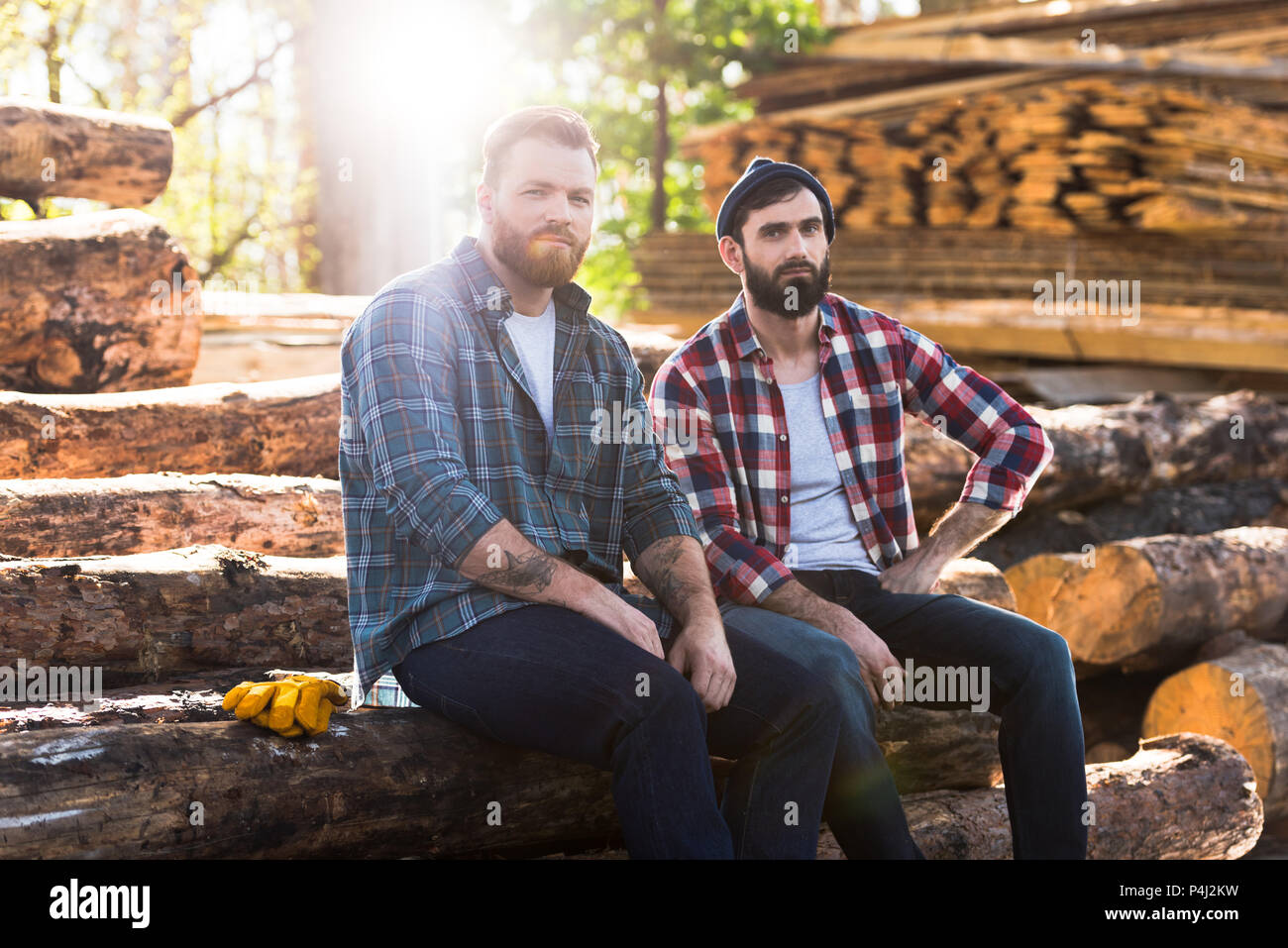 two bearded lumberjacks resting and sitting on logs at sawmill Stock ...
