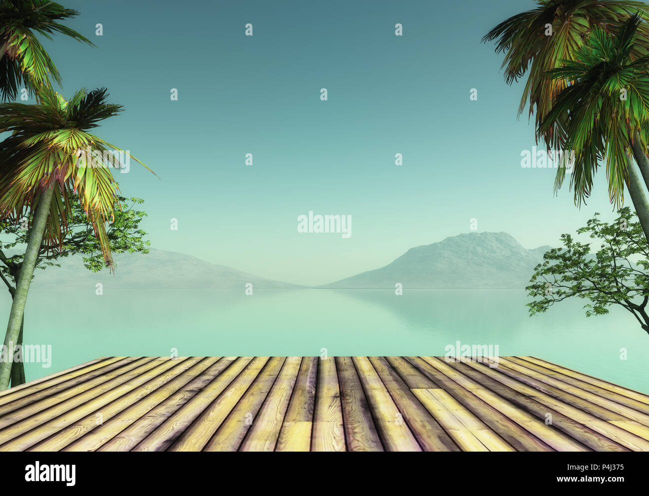 3D render of a wooden deck looking out to a tropical landscape Stock ...