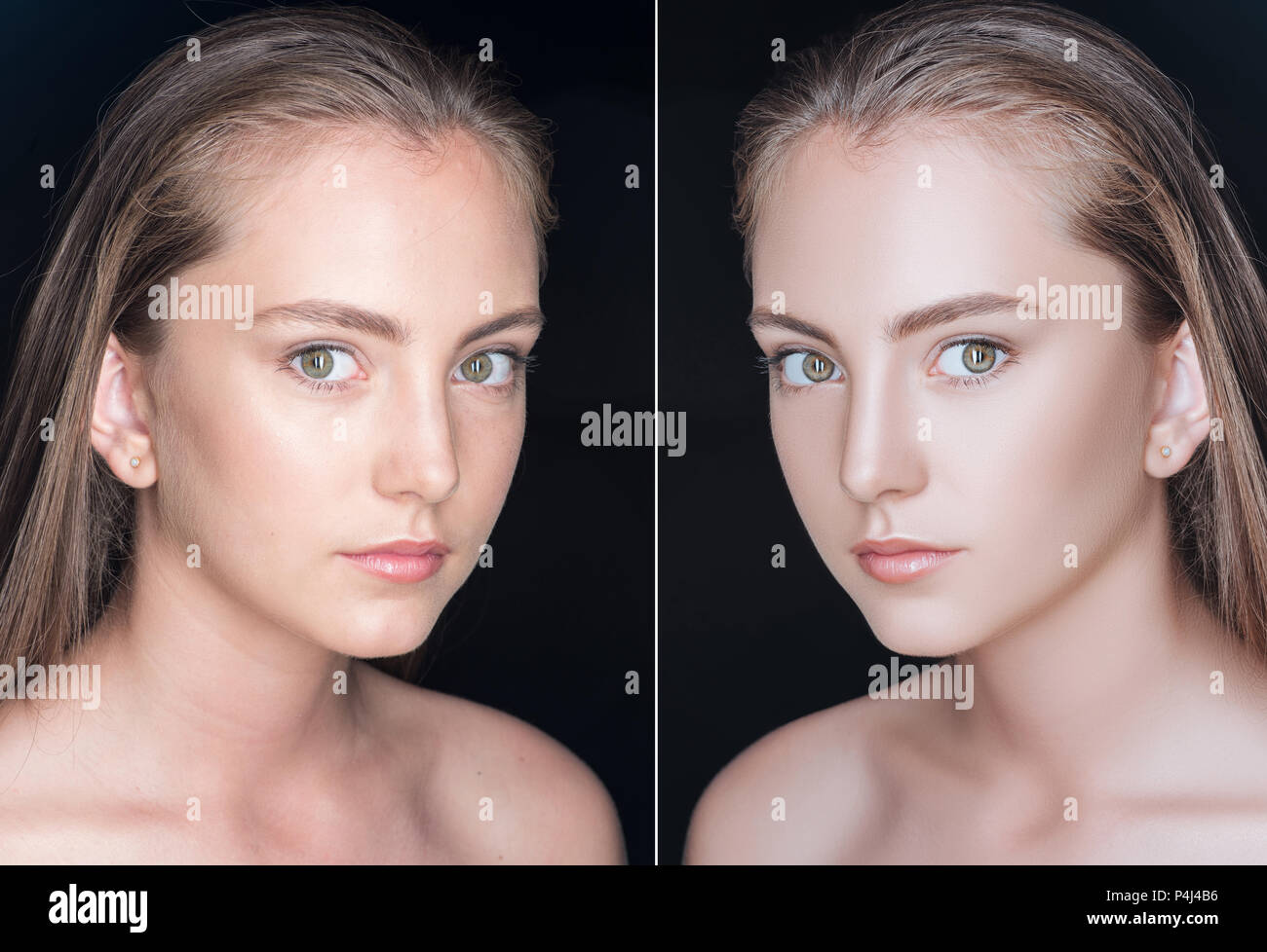 Face of beautiful teenage girl before and after retouch looking at ...