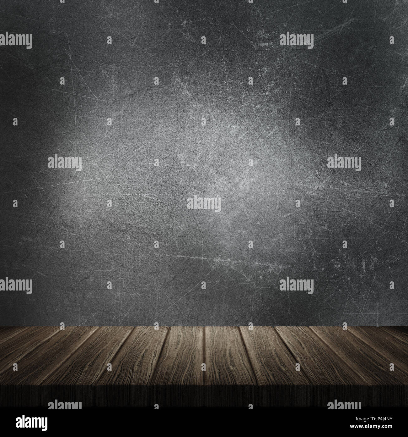 3D render of a wooden table against a grunge metal background Stock ...