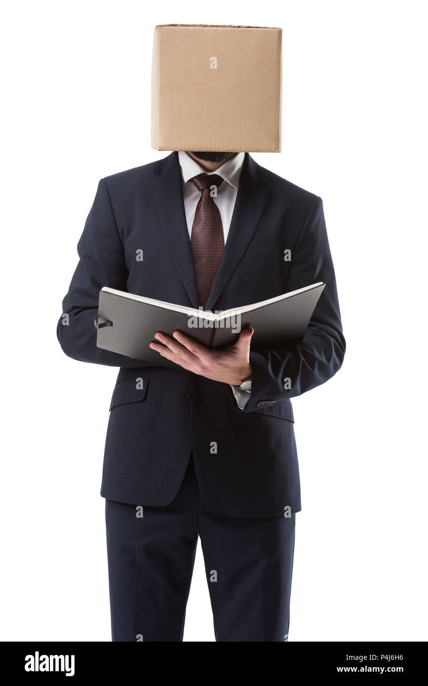 businessman with cardboard box on head holding folder, isolated on ...