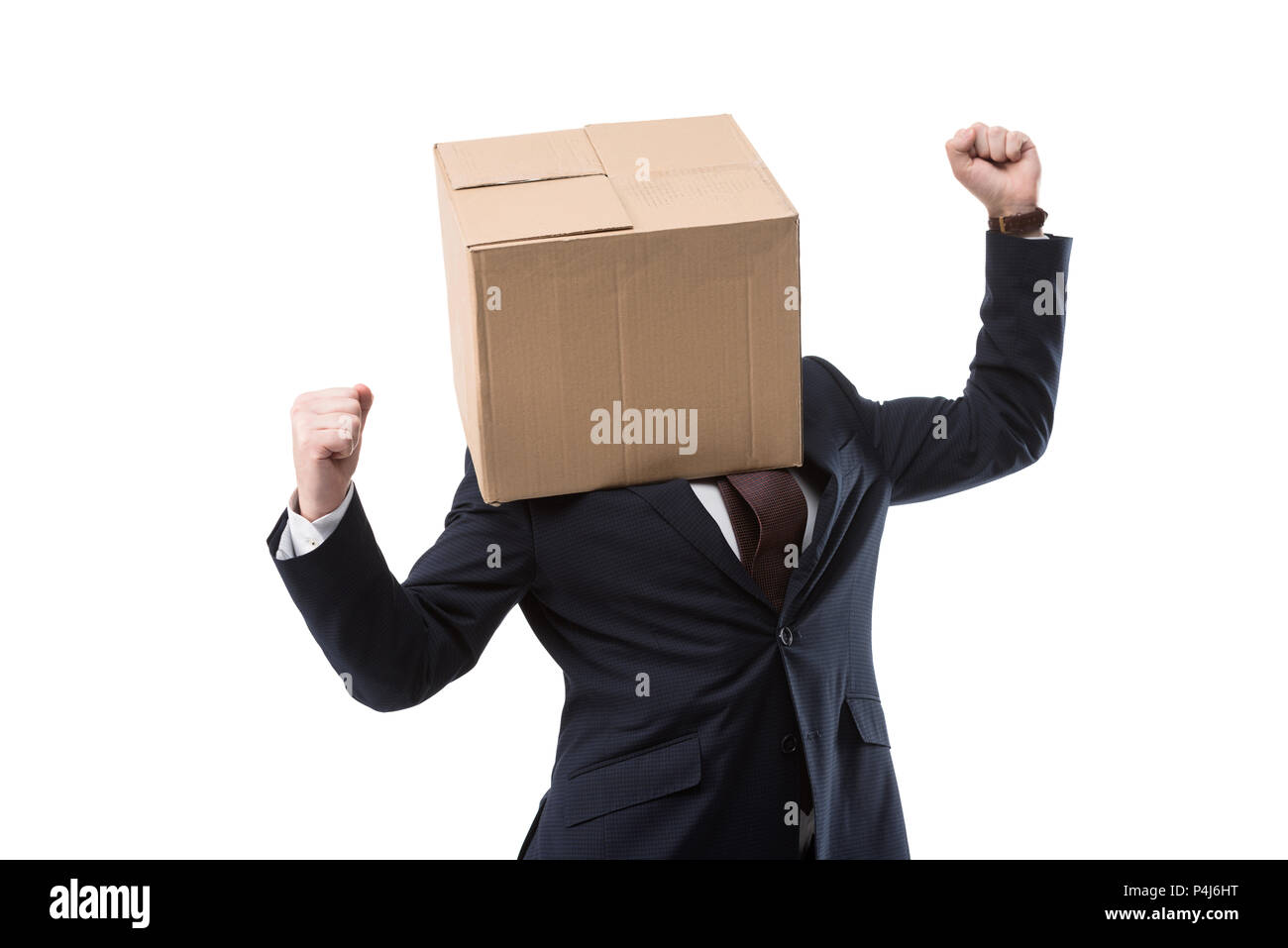 successful businessman with cardboard box on head gesturing, isolated ...