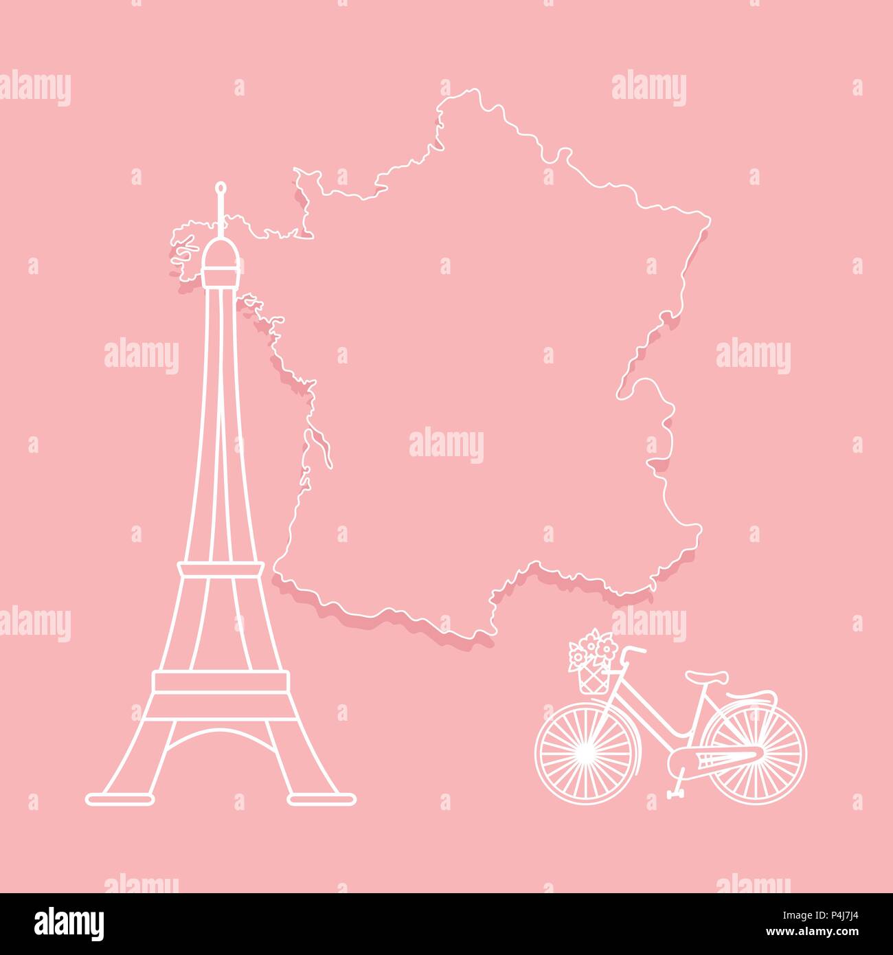 Map of France, famous tower of Paris, bicycle with a basket of flowers ...