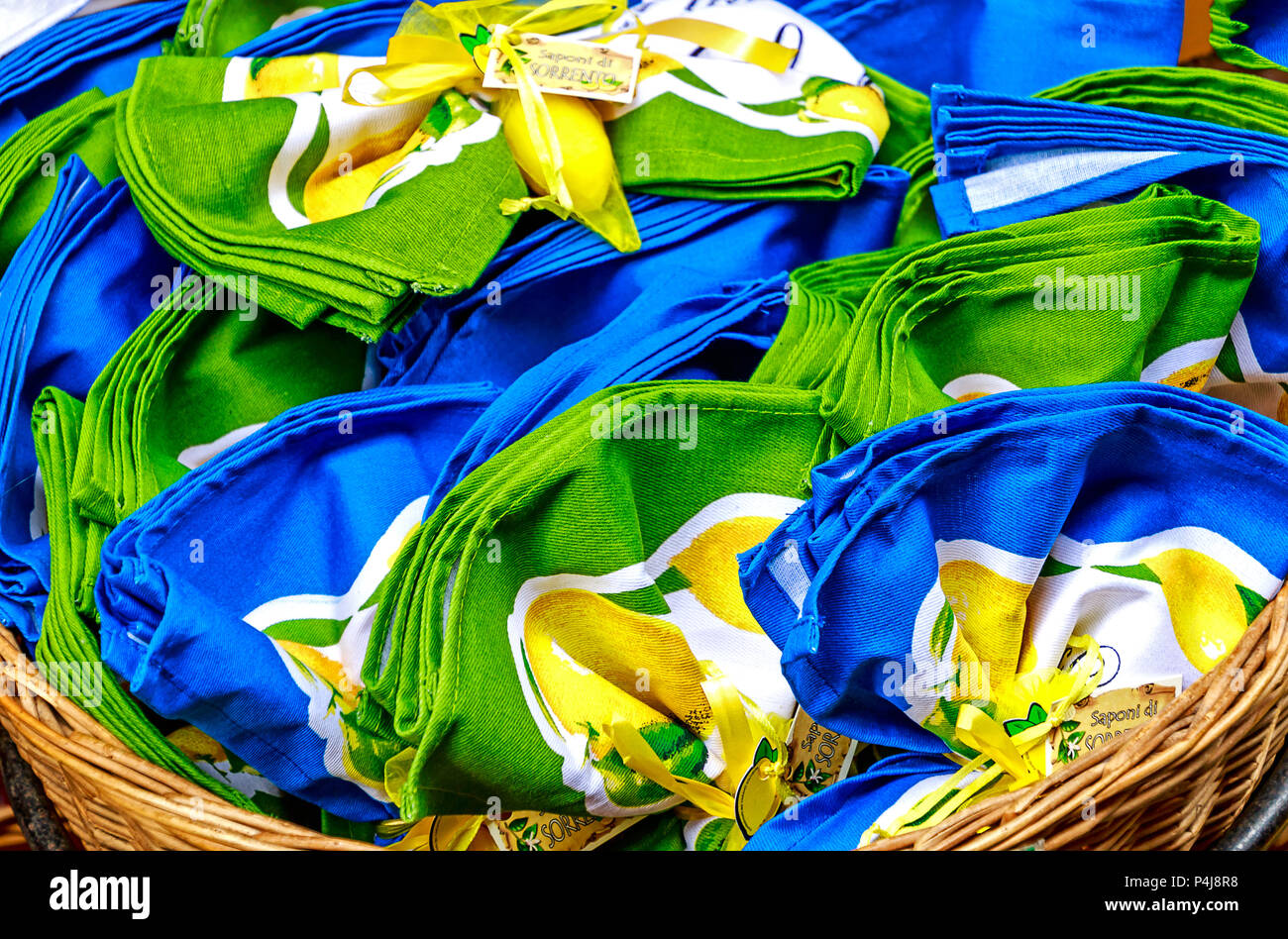 Colorful kitchen towels and soaps – sea and lemons related Amalfi coast ...