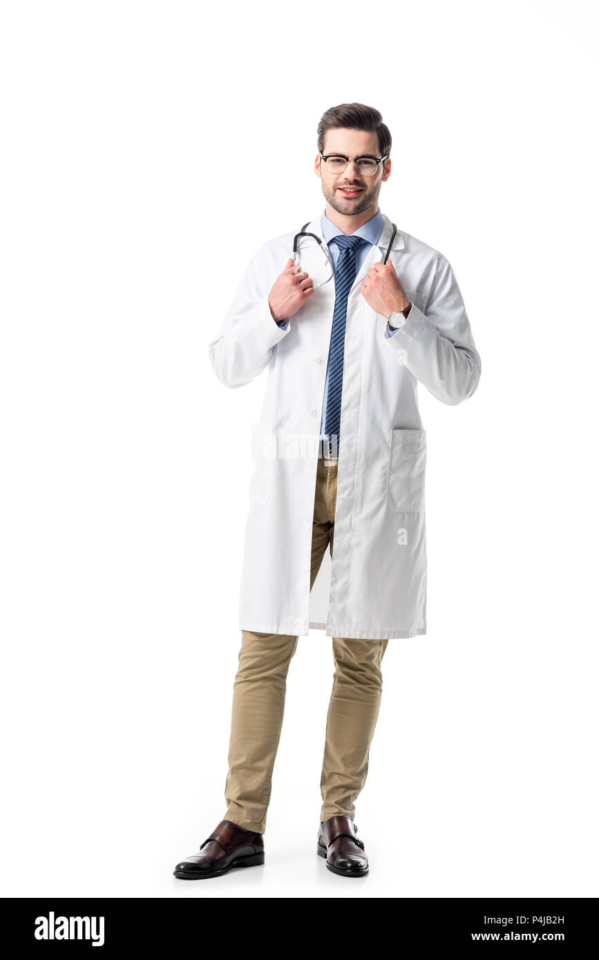 Male doctor wearing white coat with stethoscope isolated on white Stock ...