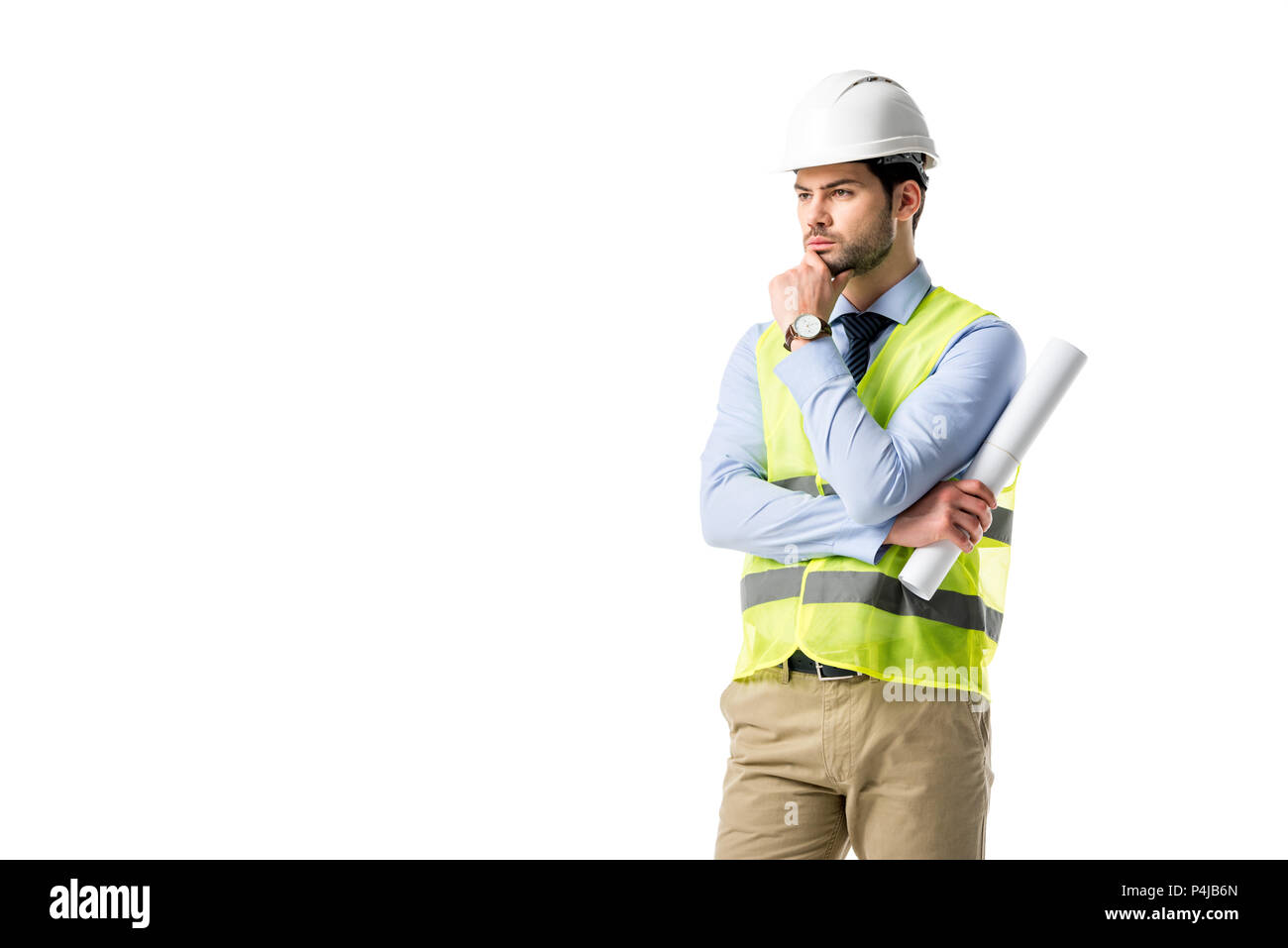 Thoughtful architect in reflective vest and hard hat holding blueprint ...