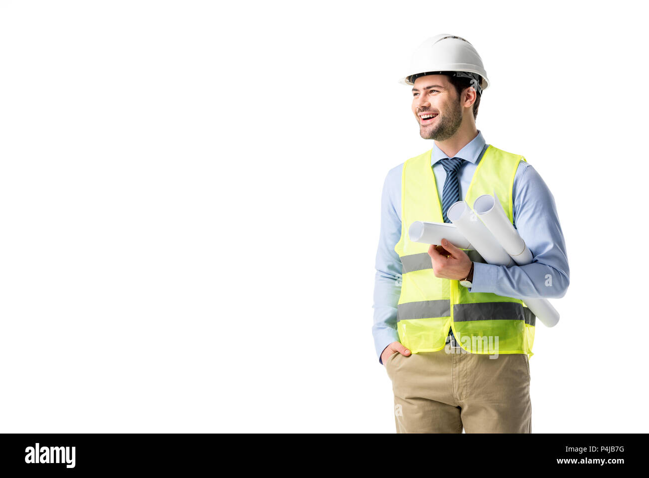 Cheerful construction worker in reflective vest and helmet holding ...