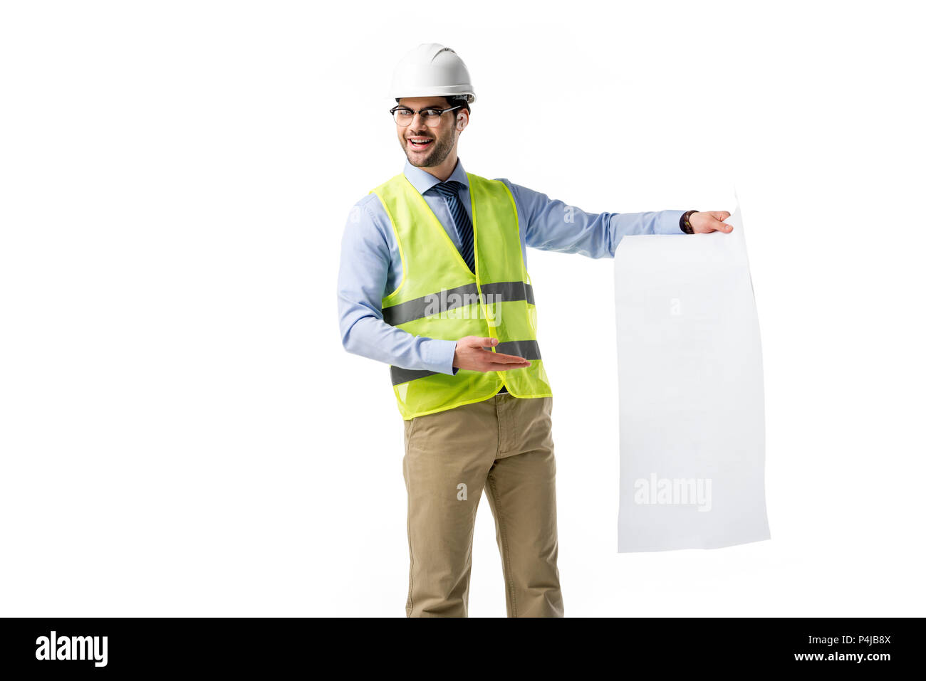 Architect in reflective vest and hardhat presenting blank blueprint ...