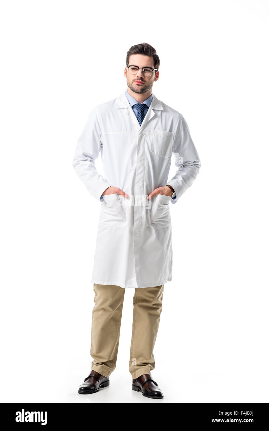 Handsome doctor in glasses wearing white coat isolated on white Stock ...